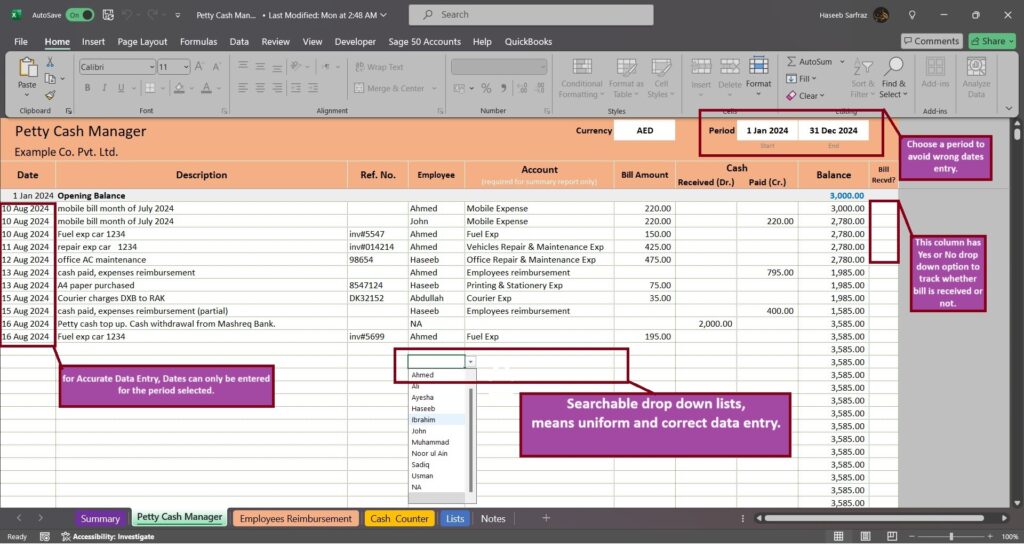 Petty Cash Management template with employee ledger and report